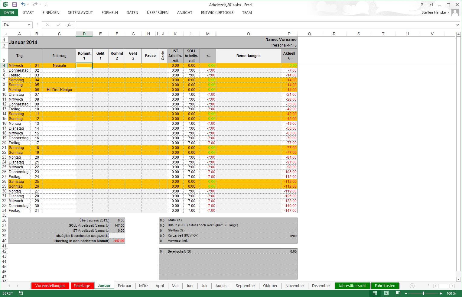 Arbeitszeiterfassung in Excel, LibreOffice und OpenOffice